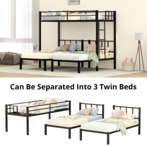 INCLAKE Triple Bunk Bed, Metal Twin Over Twin & Twin Bunk Beds for 3 with Guardrails, Ladder & Upper-Bed Platform, Detachable 3 Bunk Beds for Children, Teens, Adults, No Box Spring Needed, Black