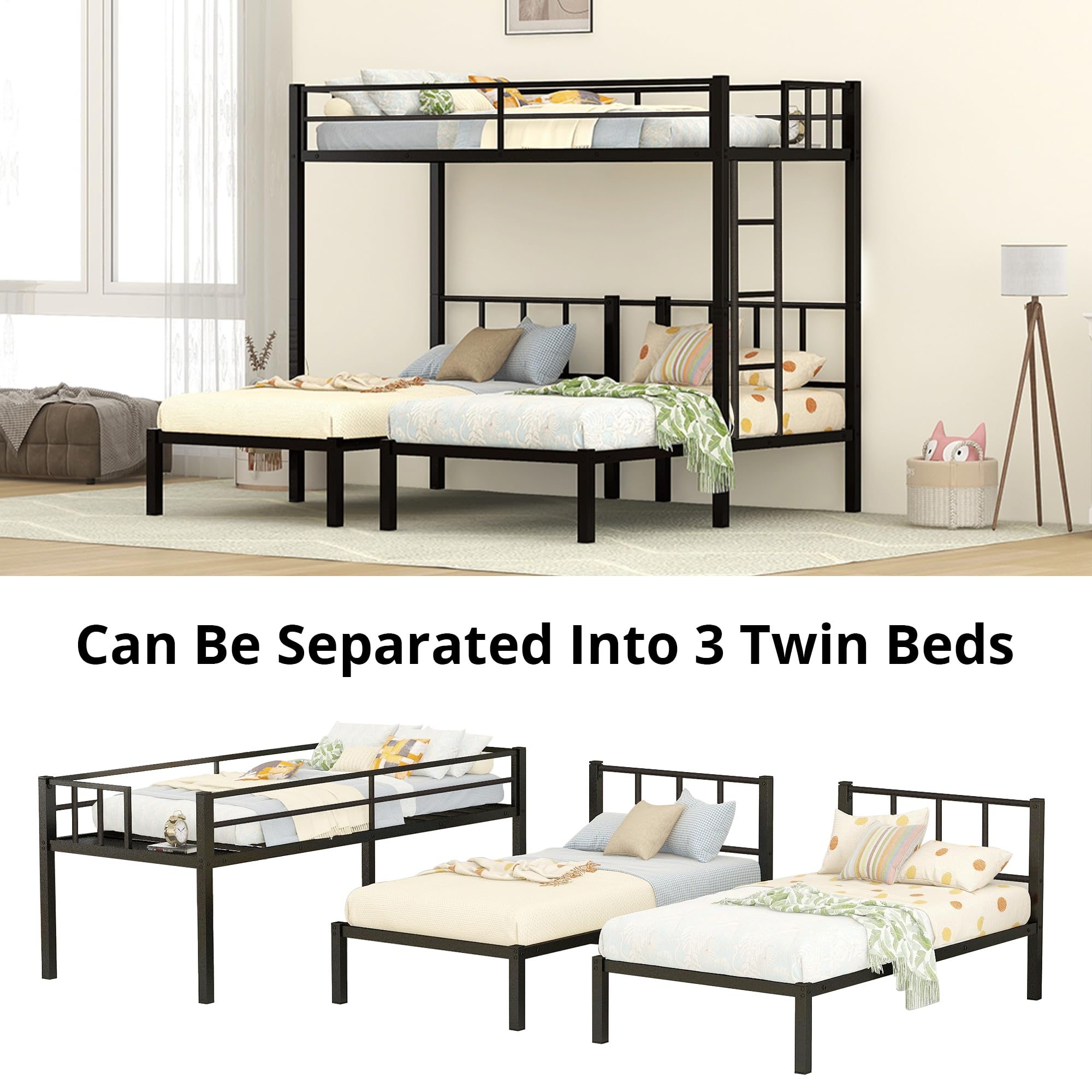 INCLAKE Triple Bunk Bed, Metal Twin Over Twin & Twin Bunk Beds for 3 with Guardrails, Ladder & Upper-Bed Platform, Detachable 3 Bunk Beds for Children, Teens, Adults, No Box Spring Needed, Black