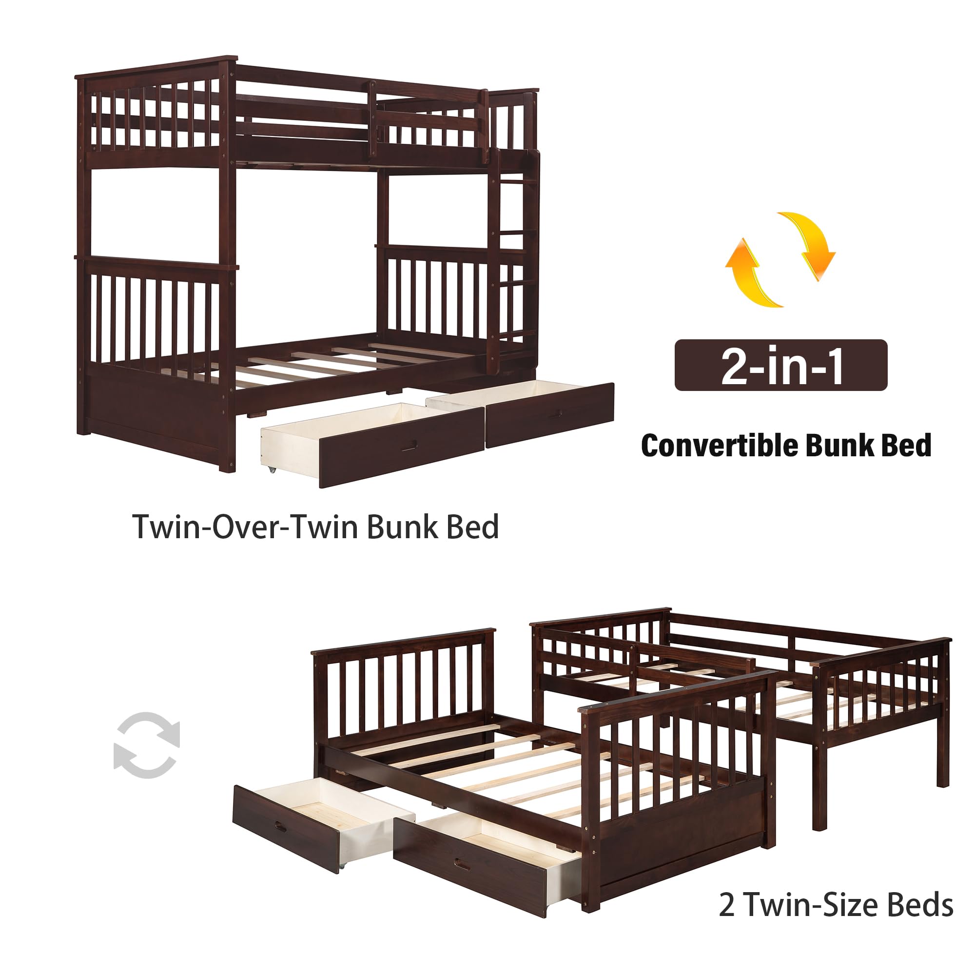 Merax Wood Bunk Bed with Drawers,Convertible Wood Bunk Bed with Ladders and Two Storage Drawers,Solid Wood Detachable Bunk Bed Frame with Ladders,Twin Over Twin Size,Espresso