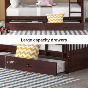 Merax Wood Bunk Bed with Drawers,Convertible Wood Bunk Bed with Ladders and Two Storage Drawers,Solid Wood Detachable Bunk Bed Frame with Ladders,Twin Over Twin Size,Espresso