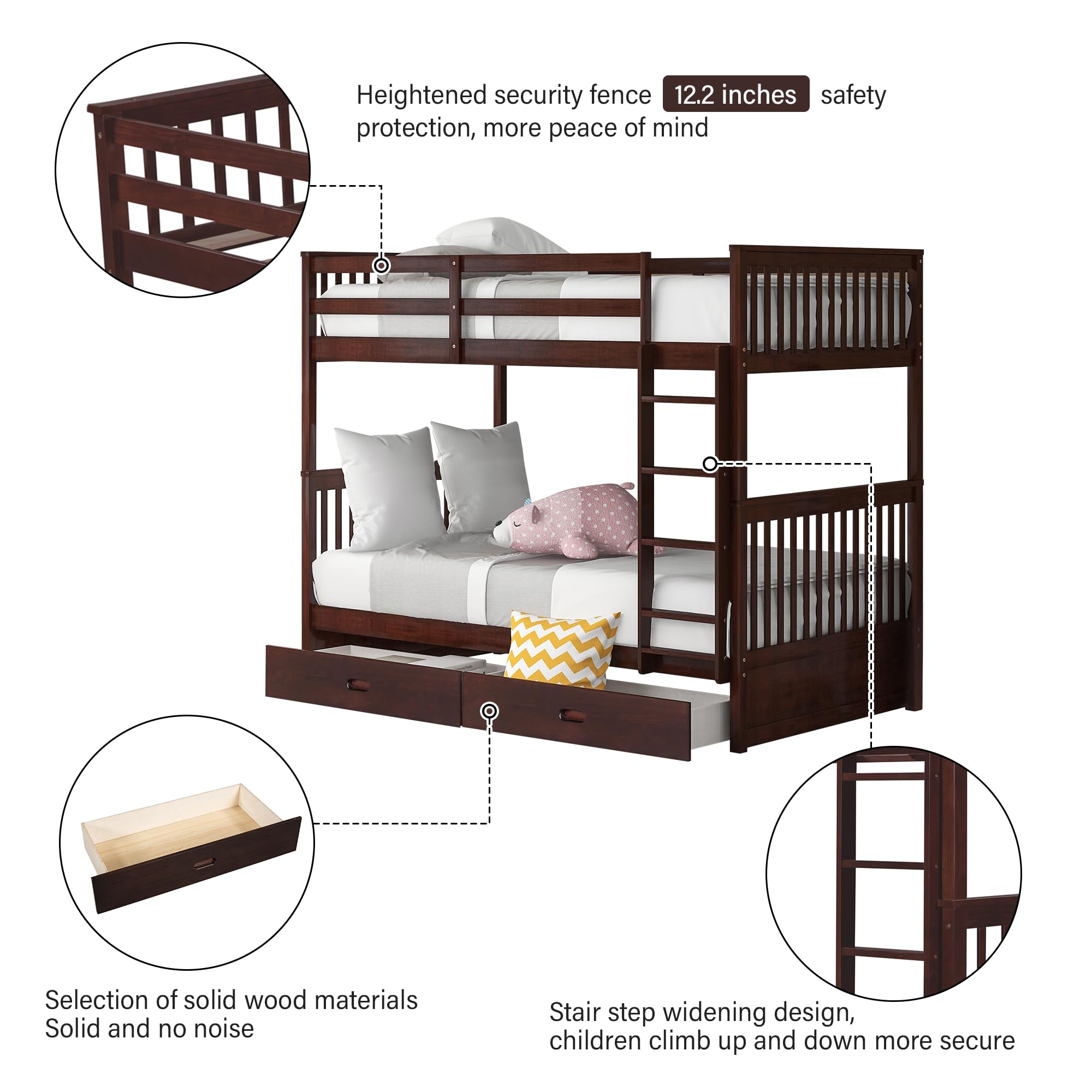 Merax Wood Bunk Bed with Drawers,Convertible Wood Bunk Bed with Ladders and Two Storage Drawers,Solid Wood Detachable Bunk Bed Frame with Ladders,Twin Over Twin Size,Espresso