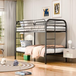 aobabo metal bunk bed twin over twin size, heavy duty bed with safety guard rails and space-saving design, steel bed for school, bedroom, assembly required, black