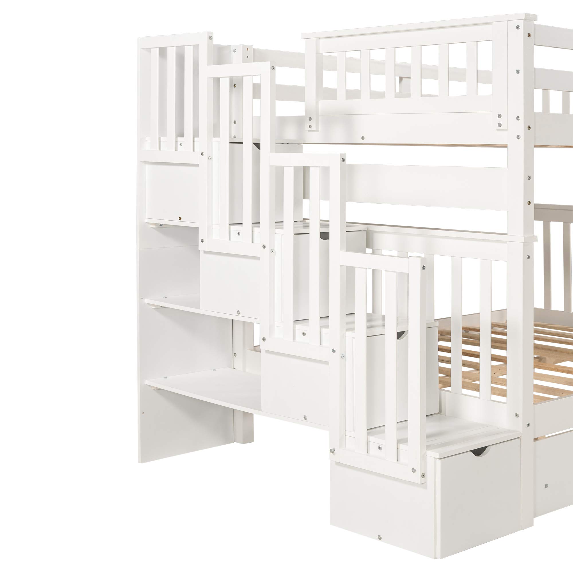 Harper & Bright Designs Full Over Full Bunk Bed with Stairs, Wooden Bunk Bed with Storage Drawers, for Kids Teens Adults - White