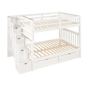 Harper & Bright Designs Full Over Full Bunk Bed with Stairs, Wooden Bunk Bed with Storage Drawers, for Kids Teens Adults - White