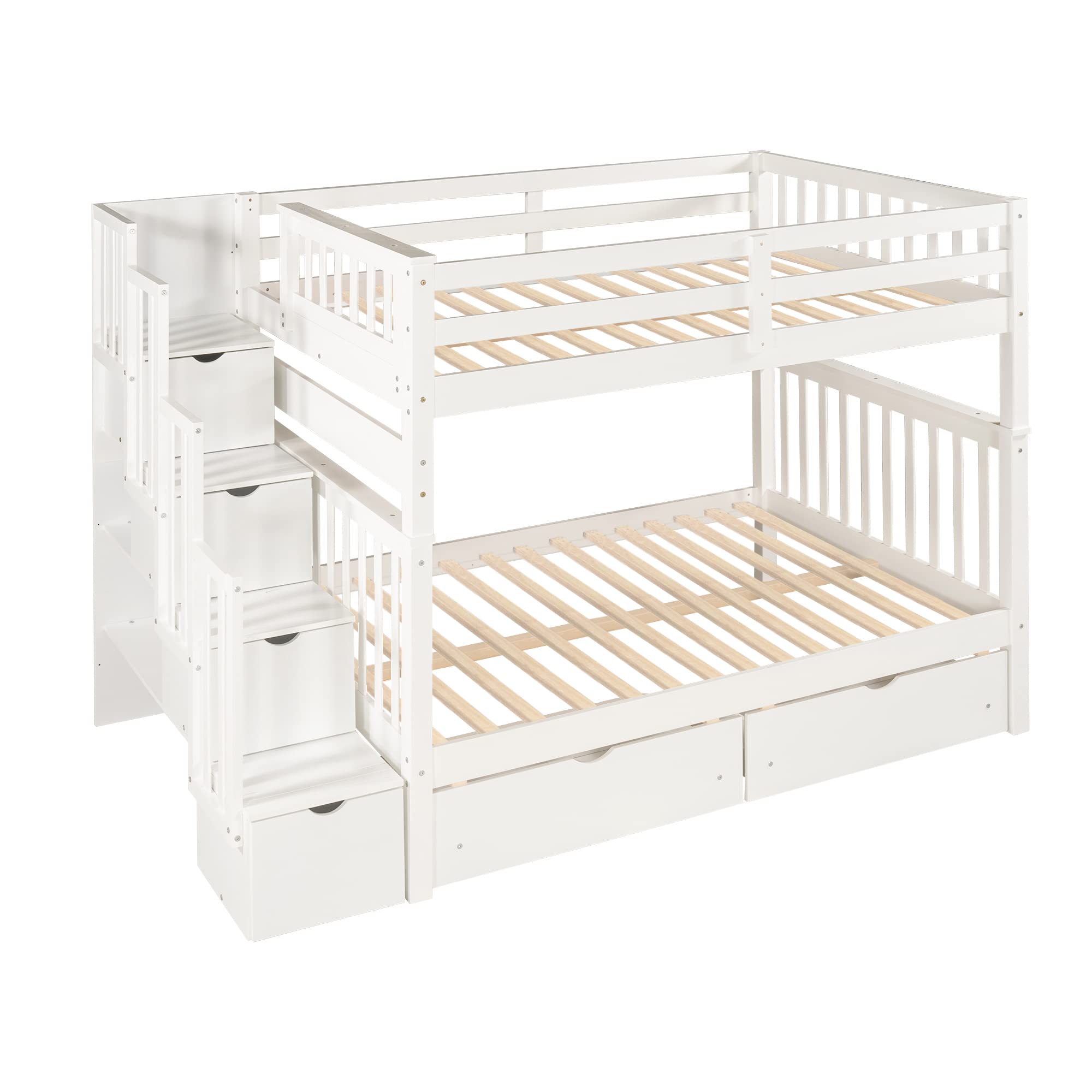 Harper & Bright Designs Full Over Full Bunk Bed with Stairs, Wooden Bunk Bed with Storage Drawers, for Kids Teens Adults - White