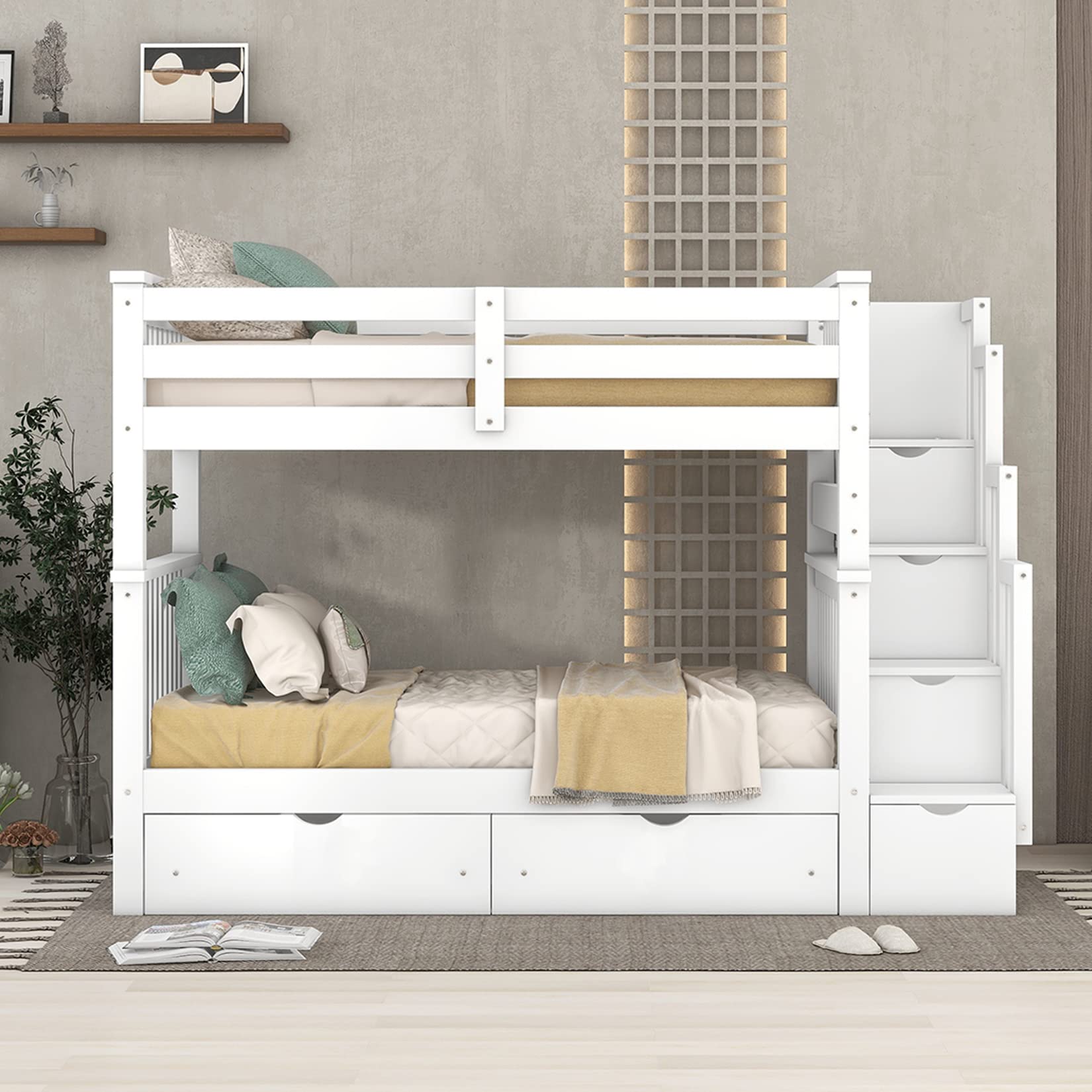 Harper & Bright Designs Full Over Full Bunk Bed with Stairs, Wooden Bunk Bed with Storage Drawers, for Kids Teens Adults - White