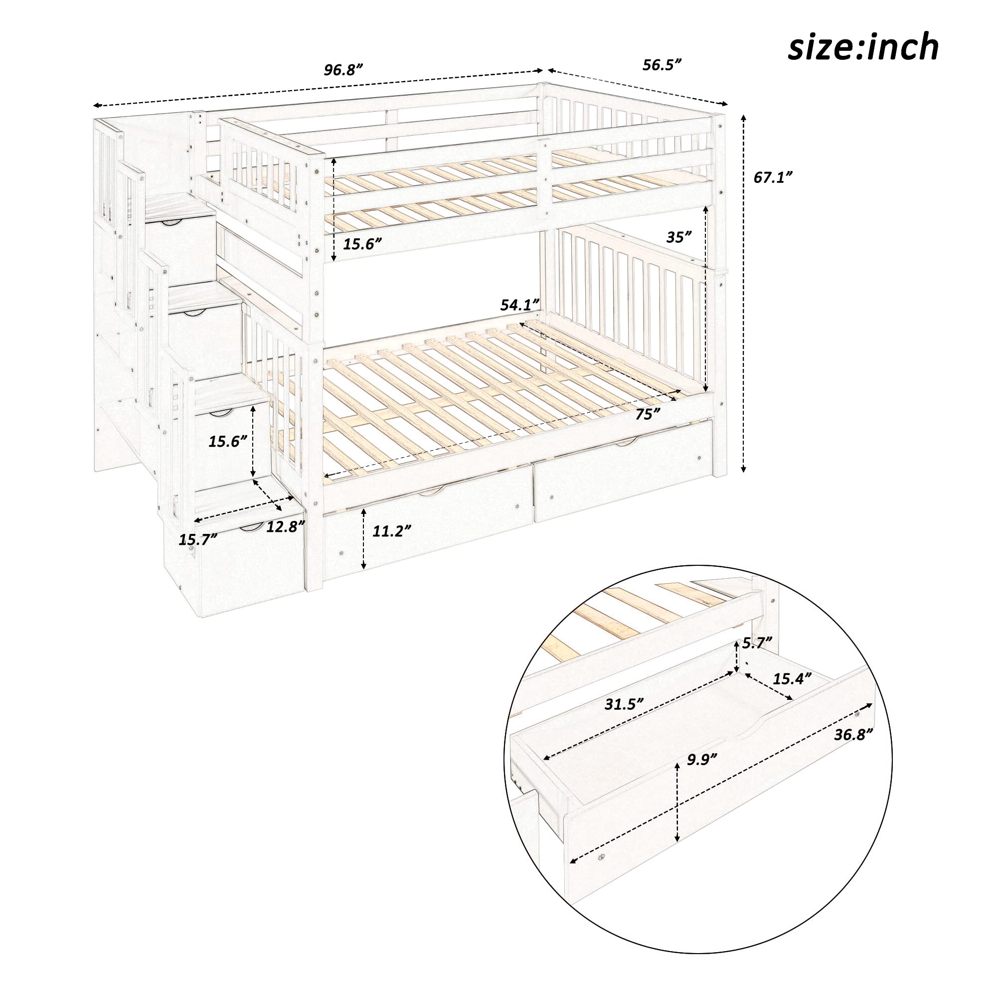 Harper & Bright Designs Full Over Full Bunk Bed with Stairs, Wooden Bunk Bed with Storage Drawers, for Kids Teens Adults - White