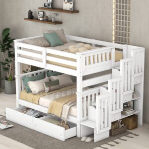 Harper & Bright Designs Full Over Full Bunk Bed with Stairs, Wooden Bunk Bed with Storage Drawers, for Kids Teens Adults - White