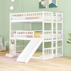 triple bunk bed with slide, full over full over full bunk bed convertible triple beds for kids/teens/adults, white