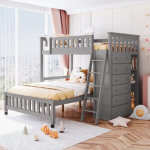 harper & bright designs twin over full bunk bed with 6 storage drawers and 3 shelves, wood twin loft bed with movable lower bed, no box spring needed(gray, bottom bed with wheels)