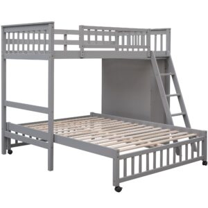 Harper & Bright Designs Twin Over Full Bunk Bed with 6 Storage Drawers and 3 Shelves, Wood Twin Loft Bed with Movable Lower Bed, No Box Spring Needed(Gray, Bottom Bed with Wheels)