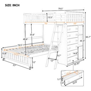 Harper & Bright Designs Twin Over Full Bunk Bed with 6 Storage Drawers and 3 Shelves, Wood Twin Loft Bed with Movable Lower Bed, No Box Spring Needed(Gray, Bottom Bed with Wheels)