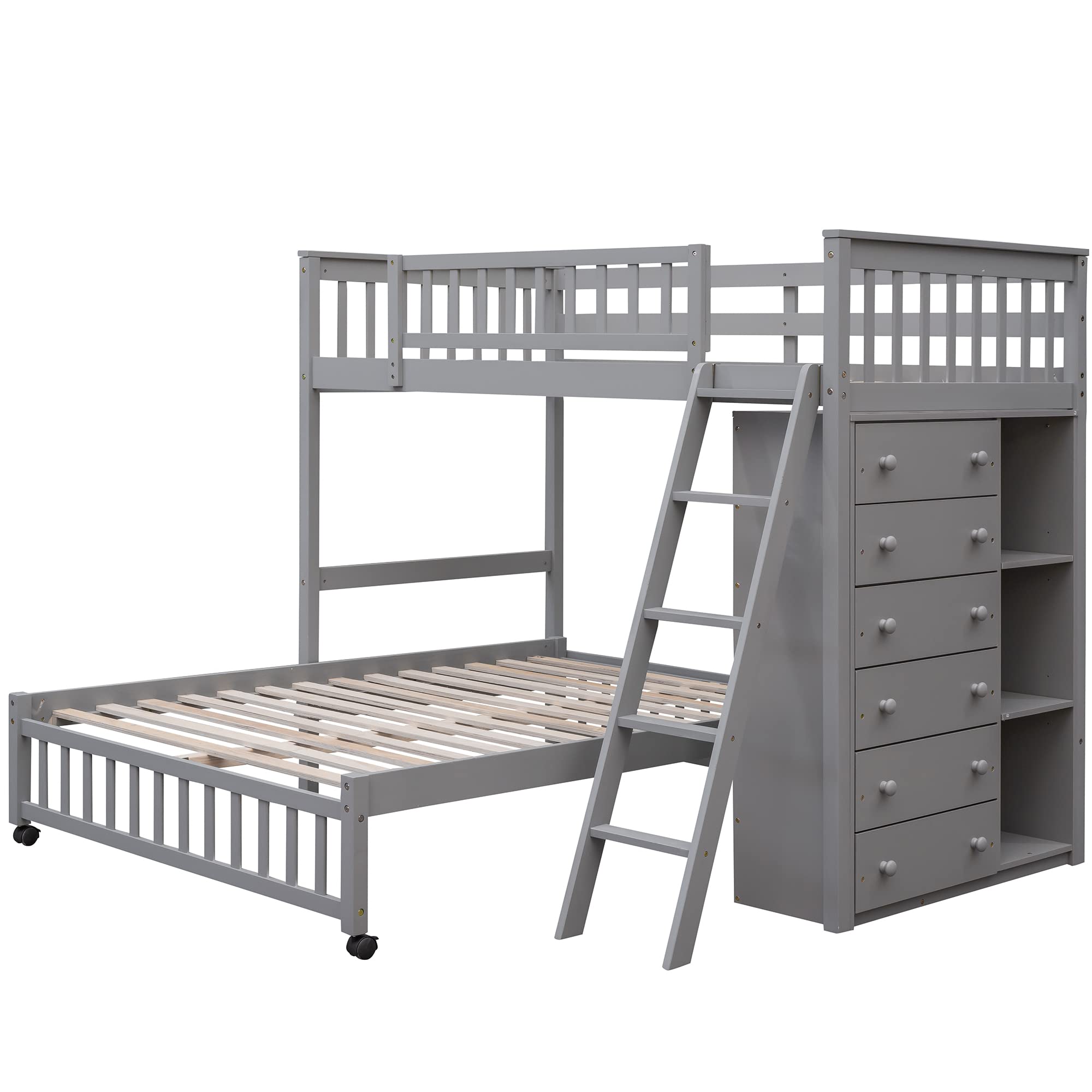 Harper & Bright Designs Twin Over Full Bunk Bed with 6 Storage Drawers and 3 Shelves, Wood Twin Loft Bed with Movable Lower Bed, No Box Spring Needed(Gray, Bottom Bed with Wheels)