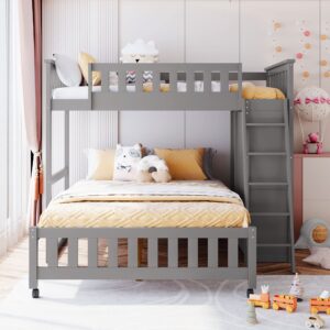 Harper & Bright Designs Twin Over Full Bunk Bed with 6 Storage Drawers and 3 Shelves, Wood Twin Loft Bed with Movable Lower Bed, No Box Spring Needed(Gray, Bottom Bed with Wheels)