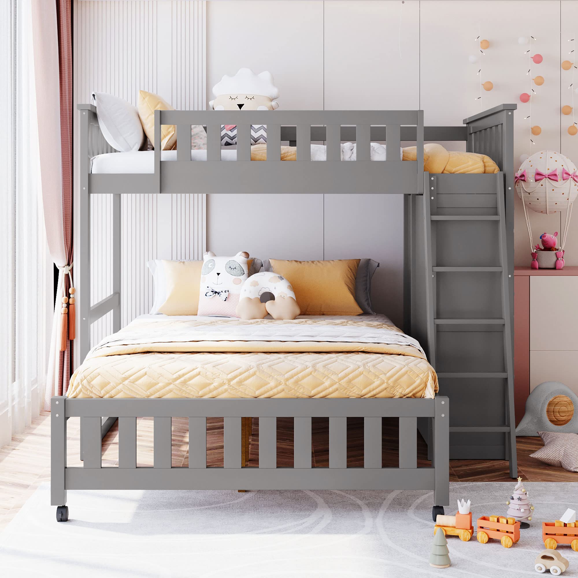 Harper & Bright Designs Twin Over Full Bunk Bed with 6 Storage Drawers and 3 Shelves, Wood Twin Loft Bed with Movable Lower Bed, No Box Spring Needed(Gray, Bottom Bed with Wheels)