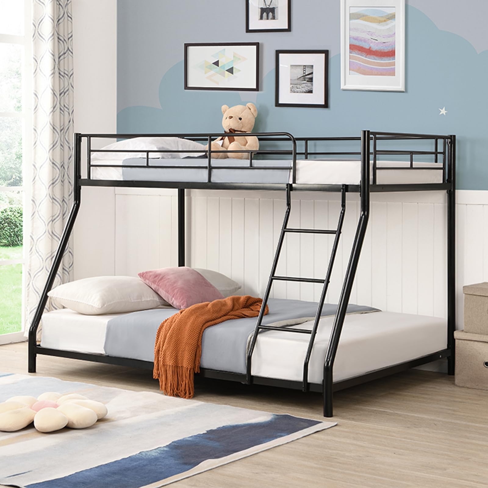 Neylory Metal Bunk Bed Twin Over Full Heavy Duty Bunk Beds with Guardrails and Built-in Ladders Industrial Steel Bunkbed Frame for Boy Girl Kid Teens(Full over Twin)