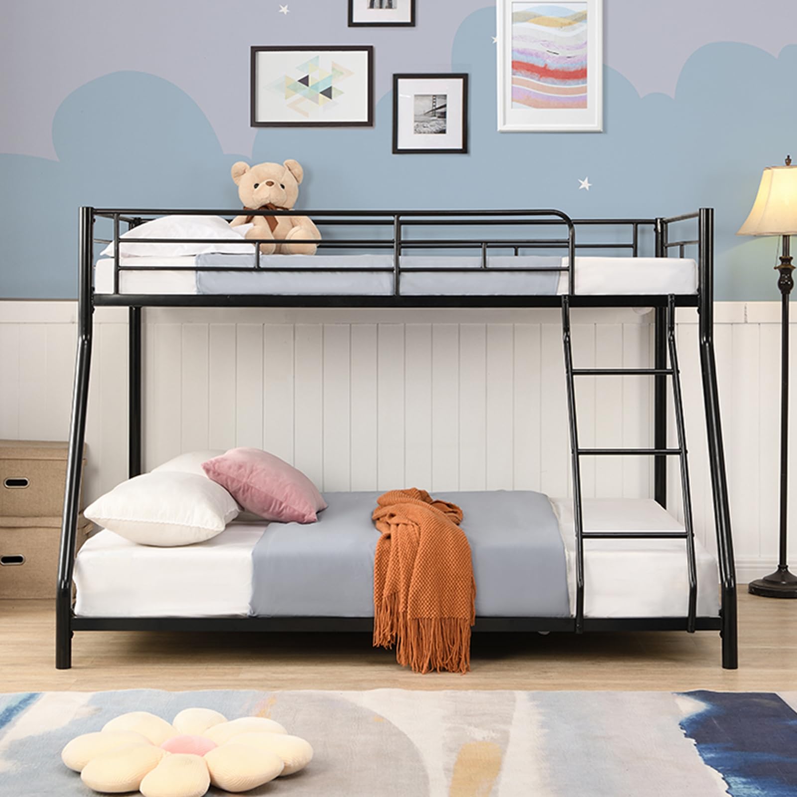 Neylory Metal Bunk Bed Twin Over Full Heavy Duty Bunk Beds with Guardrails and Built-in Ladders Industrial Steel Bunkbed Frame for Boy Girl Kid Teens(Full over Twin)