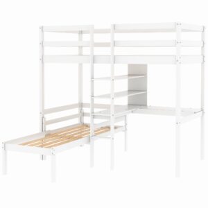 CJLMN Twin Loft Bed with L-Shape Desk, Solid Wood Bed with Storage Shelves, Ladders and Desk for Kids/Teens, Space-Saving Design…