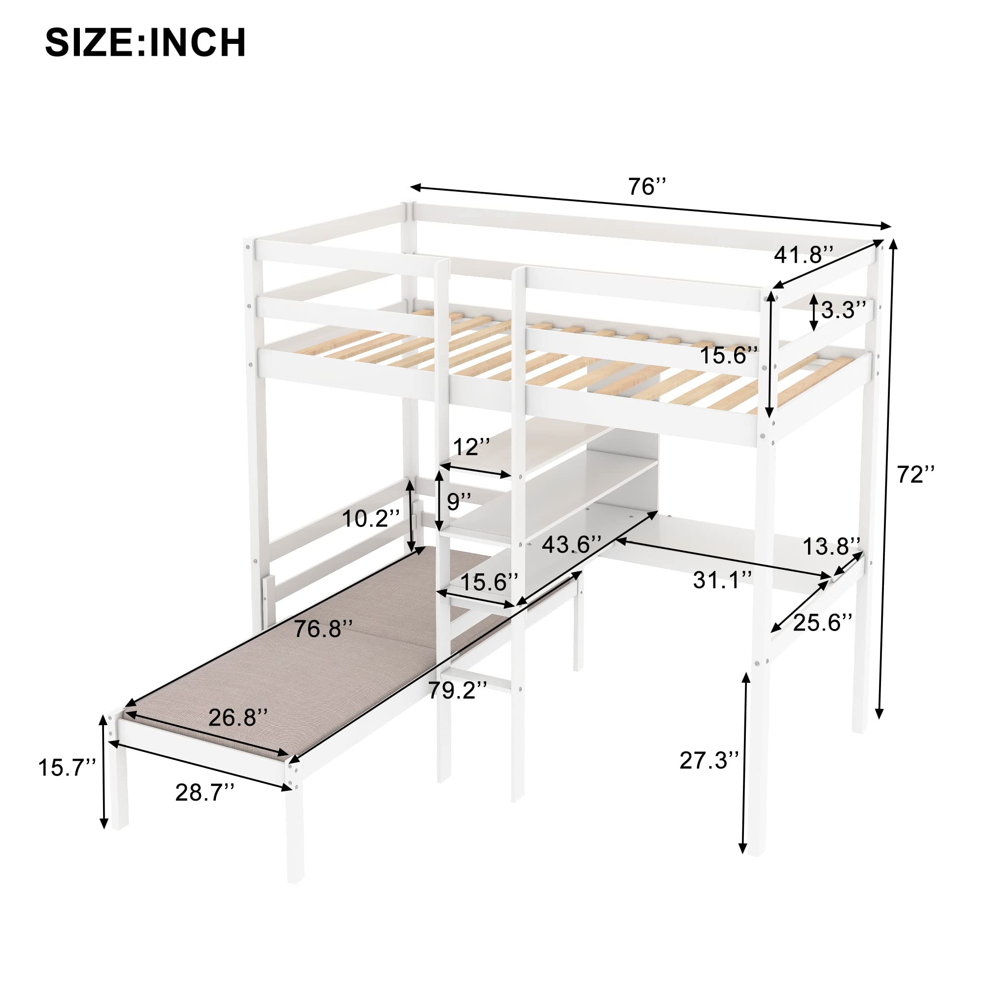 CJLMN Twin Loft Bed with L-Shape Desk, Solid Wood Bed with Storage Shelves, Ladders and Desk for Kids/Teens, Space-Saving Design…