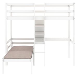 CJLMN Twin Loft Bed with L-Shape Desk, Solid Wood Bed with Storage Shelves, Ladders and Desk for Kids/Teens, Space-Saving Design…