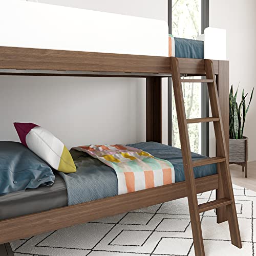 Max & Lily Bunk Bed, Mid-Century Modern Twin Bunk Bed, Solid Wood Twin-Over-Twin Bed Frame for Kids, No Box Spring Needed, Walnut/White