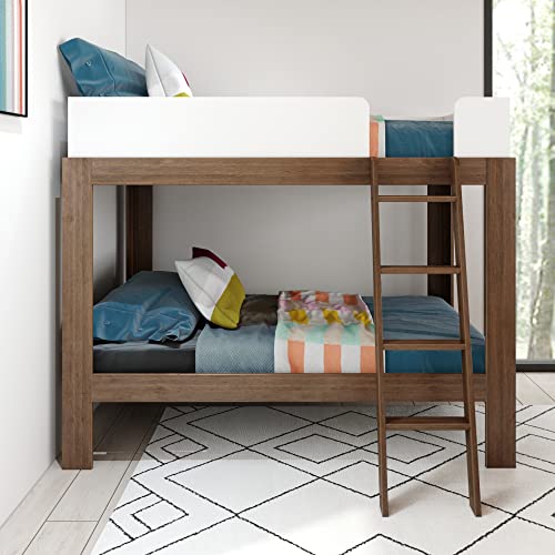 Max & Lily Bunk Bed, Mid-Century Modern Twin Bunk Bed, Solid Wood Twin-Over-Twin Bed Frame for Kids, No Box Spring Needed, Walnut/White