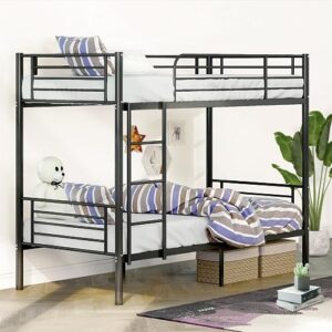 alohappy metal bunk bed twin over twin, twin bunk beds with removable ladder and safety guard rail, 13.8” under bed storage space, no box spring needed, easy to climb, industrial style(black)