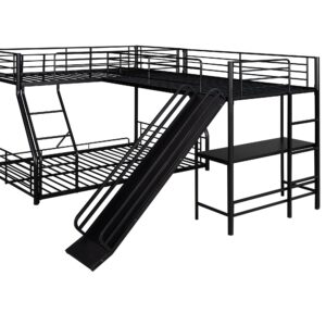 Bellemave L Shaped Bunk Bed for 3, Twin Over Full Metal Bunk Bed Frame with Size Loft Bed, Built-in Desk and Slide, for Kids Girls Boys (Black)