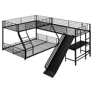 Bellemave L Shaped Bunk Bed for 3, Twin Over Full Metal Bunk Bed Frame with Size Loft Bed, Built-in Desk and Slide, for Kids Girls Boys (Black)