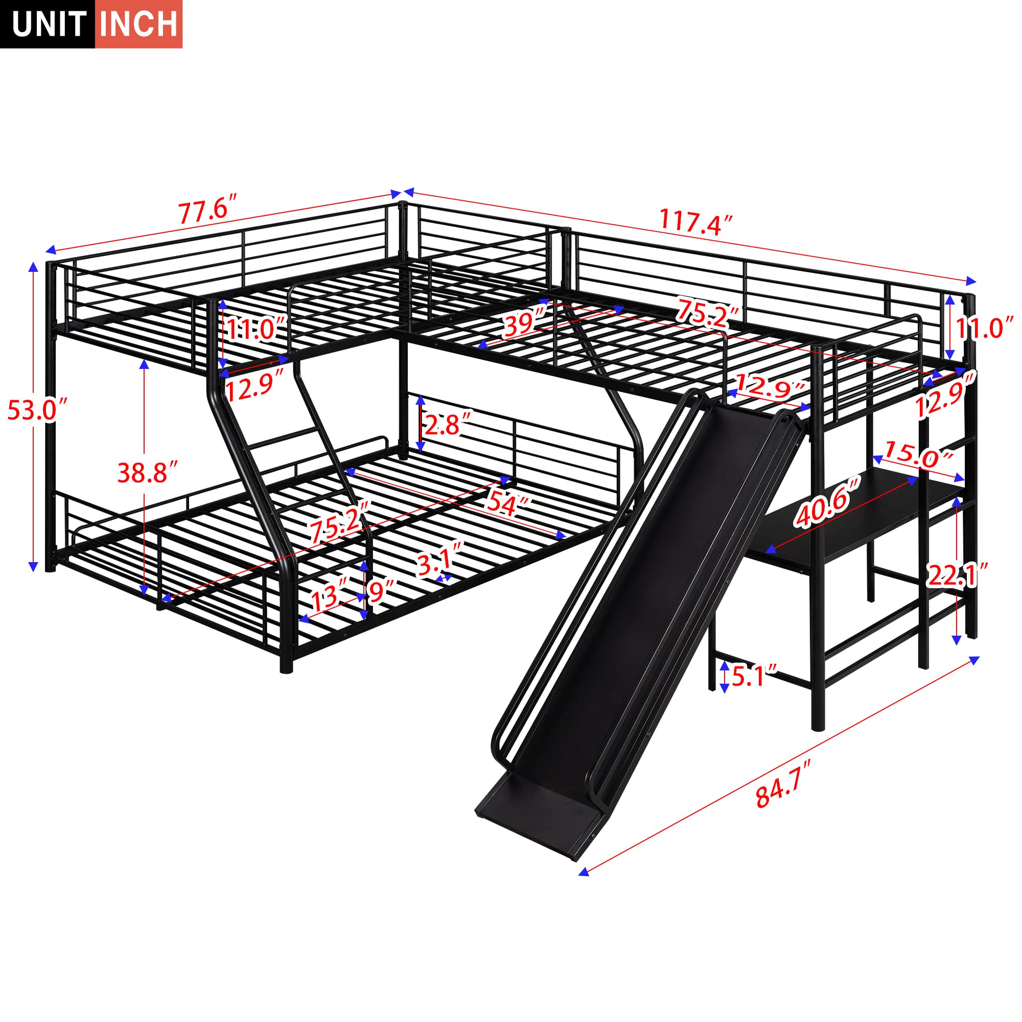 Bellemave L Shaped Bunk Bed for 3, Twin Over Full Metal Bunk Bed Frame with Size Loft Bed, Built-in Desk and Slide, for Kids Girls Boys (Black)