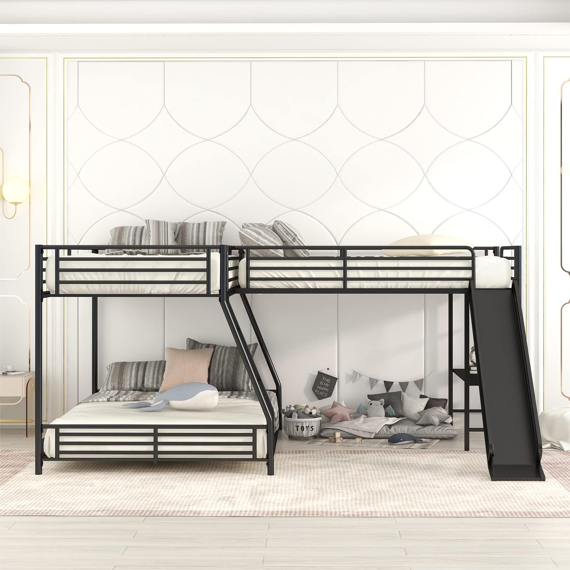 Bellemave L Shaped Bunk Bed for 3, Twin Over Full Metal Bunk Bed Frame with Size Loft Bed, Built-in Desk and Slide, for Kids Girls Boys (Black)