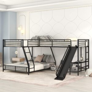 Bellemave L Shaped Bunk Bed for 3, Twin Over Full Metal Bunk Bed Frame with Size Loft Bed, Built-in Desk and Slide, for Kids Girls Boys (Black)