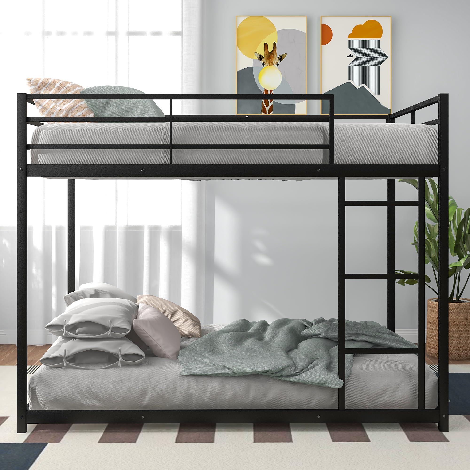 SOFTSEA Low Bunk Bed with Built-in Ladder Full Over Full Floor Bunk Beds Heavy Duty Metal Bunk Bed with Full-Length Guardrail