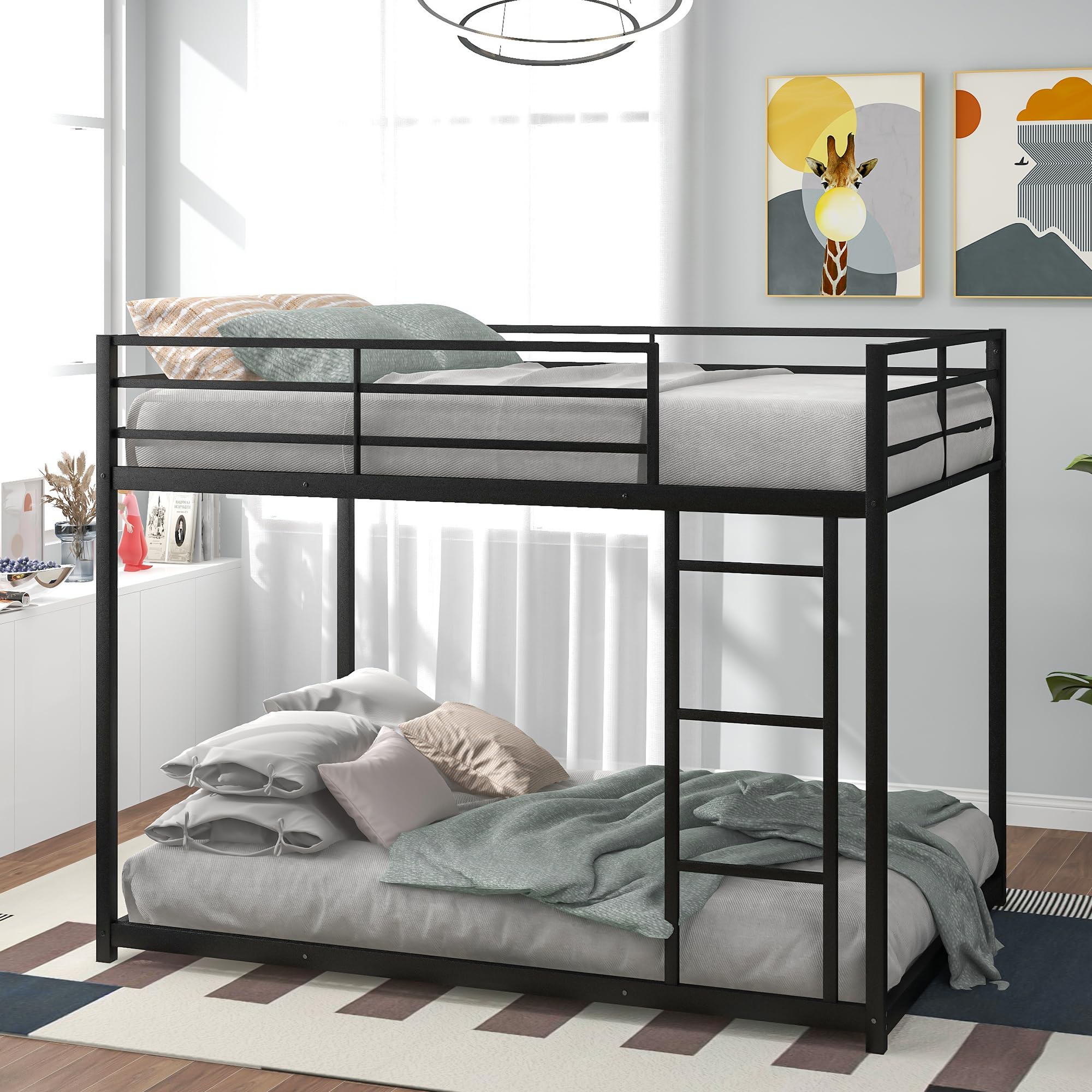 SOFTSEA Low Bunk Bed with Built-in Ladder Full Over Full Floor Bunk Beds Heavy Duty Metal Bunk Bed with Full-Length Guardrail