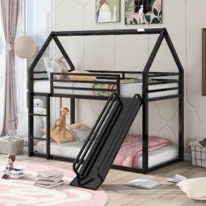 harper & bright designs twin over twin house bunk bed with slide and ladder, metal low bunk bed frame for kids girls boys - black