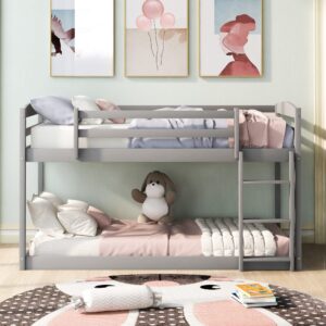 harper & bright designs low bunk bed twin over twin, wood twin bunk bed frame with ladder and guardrails, kids low bunk beds for kids, toddlers, teens no box spring needed (gray)