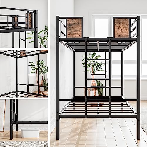 VECOCHO Metal Bunk Bed Twin Over Twin with 2- Side Ladder and Full-Length Guardrail，Space-Saving Design/No Box Spring Needed/Noise Free,Black & Vintage Brown