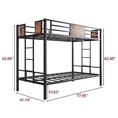 VECOCHO Metal Bunk Bed Twin Over Twin with 2- Side Ladder and Full-Length Guardrail，Space-Saving Design/No Box Spring Needed/Noise Free,Black & Vintage Brown