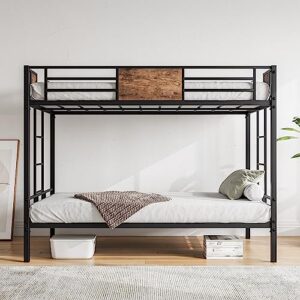 VECOCHO Metal Bunk Bed Twin Over Twin with 2- Side Ladder and Full-Length Guardrail，Space-Saving Design/No Box Spring Needed/Noise Free,Black & Vintage Brown