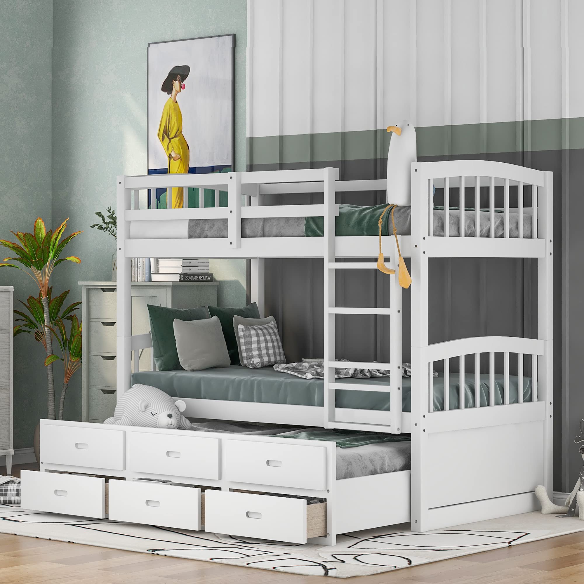 Harper & Bright Designs Twin Over Twin Bunk Bed with Ladder and Storage Drawers, Wood Bunk Bed with Safety Rail and Trundle for Kids Teens Adults, No Box Spring Required (White)