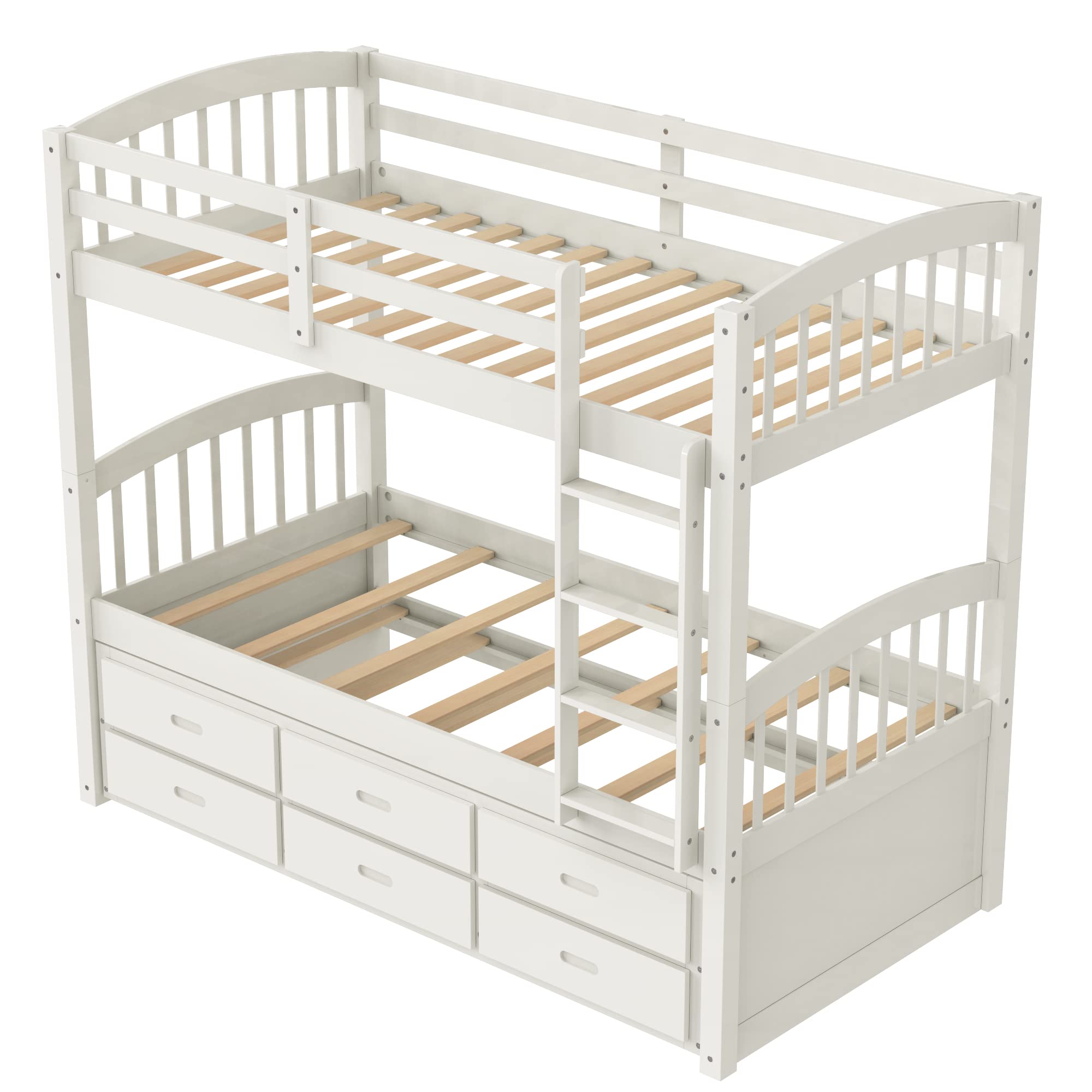 Harper & Bright Designs Twin Over Twin Bunk Bed with Ladder and Storage Drawers, Wood Bunk Bed with Safety Rail and Trundle for Kids Teens Adults, No Box Spring Required (White)