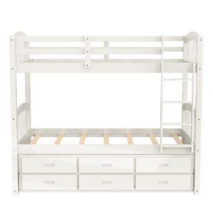 Harper & Bright Designs Twin Over Twin Bunk Bed with Ladder and Storage Drawers, Wood Bunk Bed with Safety Rail and Trundle for Kids Teens Adults, No Box Spring Required (White)