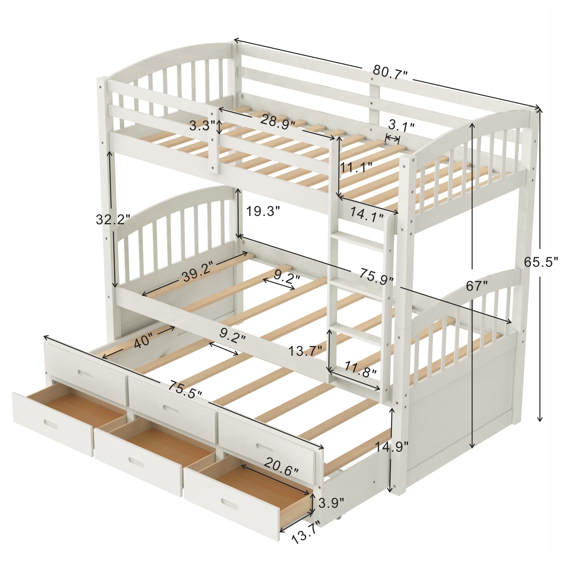 Harper & Bright Designs Twin Over Twin Bunk Bed with Ladder and Storage Drawers, Wood Bunk Bed with Safety Rail and Trundle for Kids Teens Adults, No Box Spring Required (White)