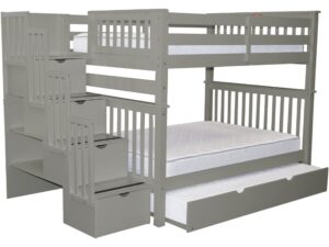 bedz king stairway bunk beds full over full with 4 drawers in the steps and a twin trundle, gray