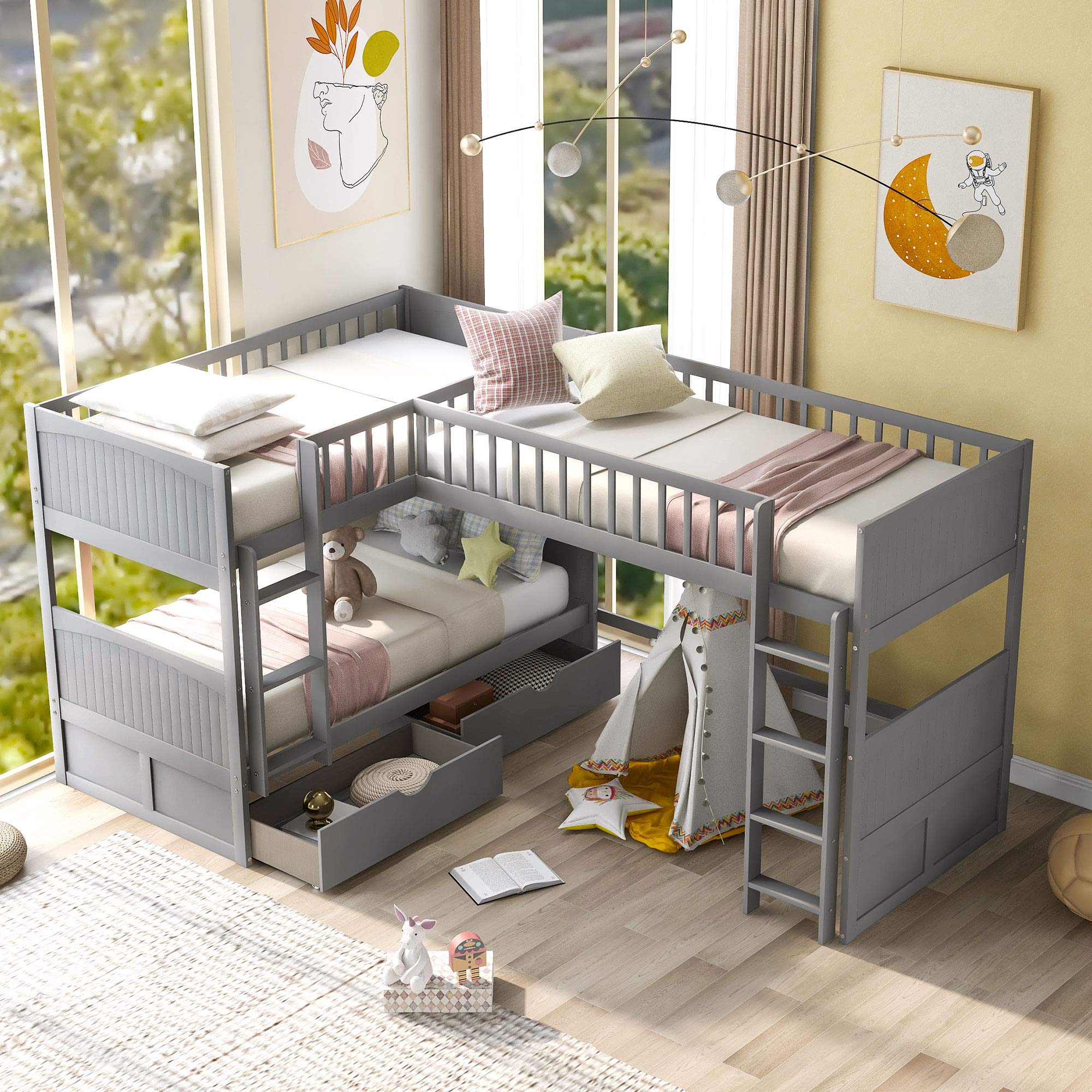 BIADNBZ Twin Over Twin Bunk Bed with a Loftbed Attached, Wood L-Shaped Triple Bunkbeds wth 2 Drawers, for 3 Kids Teens Boys Girls Bedroom, Gray