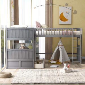 BIADNBZ Twin Over Twin Bunk Bed with a Loftbed Attached, Wood L-Shaped Triple Bunkbeds wth 2 Drawers, for 3 Kids Teens Boys Girls Bedroom, Gray