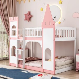 BIADNBZ Twin Over Twin Bunk Bed with Ladder and Door, Wooden Versatile Castle Loftbed Bedframe, for Kids Girls Teens Bedroom, Pink