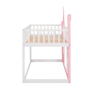 BIADNBZ Twin Over Twin Bunk Bed with Ladder and Door, Wooden Versatile Castle Loftbed Bedframe, for Kids Girls Teens Bedroom, Pink