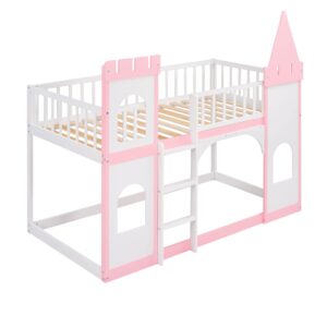 BIADNBZ Twin Over Twin Bunk Bed with Ladder and Door, Wooden Versatile Castle Loftbed Bedframe, for Kids Girls Teens Bedroom, Pink