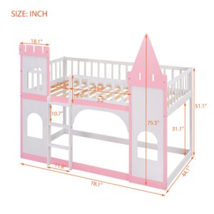 BIADNBZ Twin Over Twin Bunk Bed with Ladder and Door, Wooden Versatile Castle Loftbed Bedframe, for Kids Girls Teens Bedroom, Pink